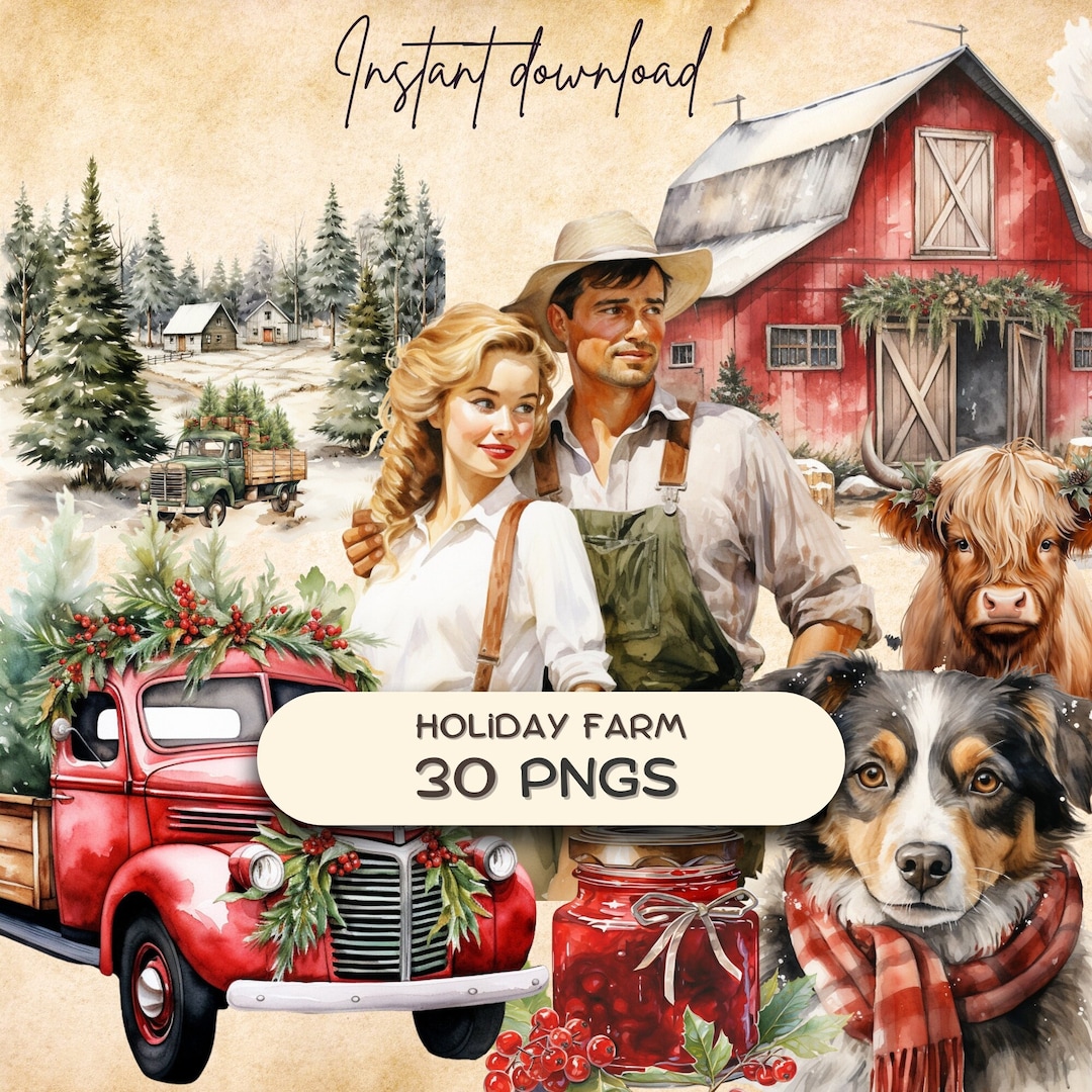 Country Christmas Clipart (30 PNG), Holiday Truck Farm Animals ...