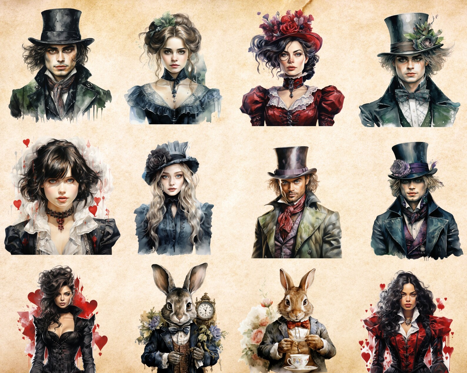 Gothic Alice in Wonderland Clipart (50 PNG), Victorian Dark Academia ...