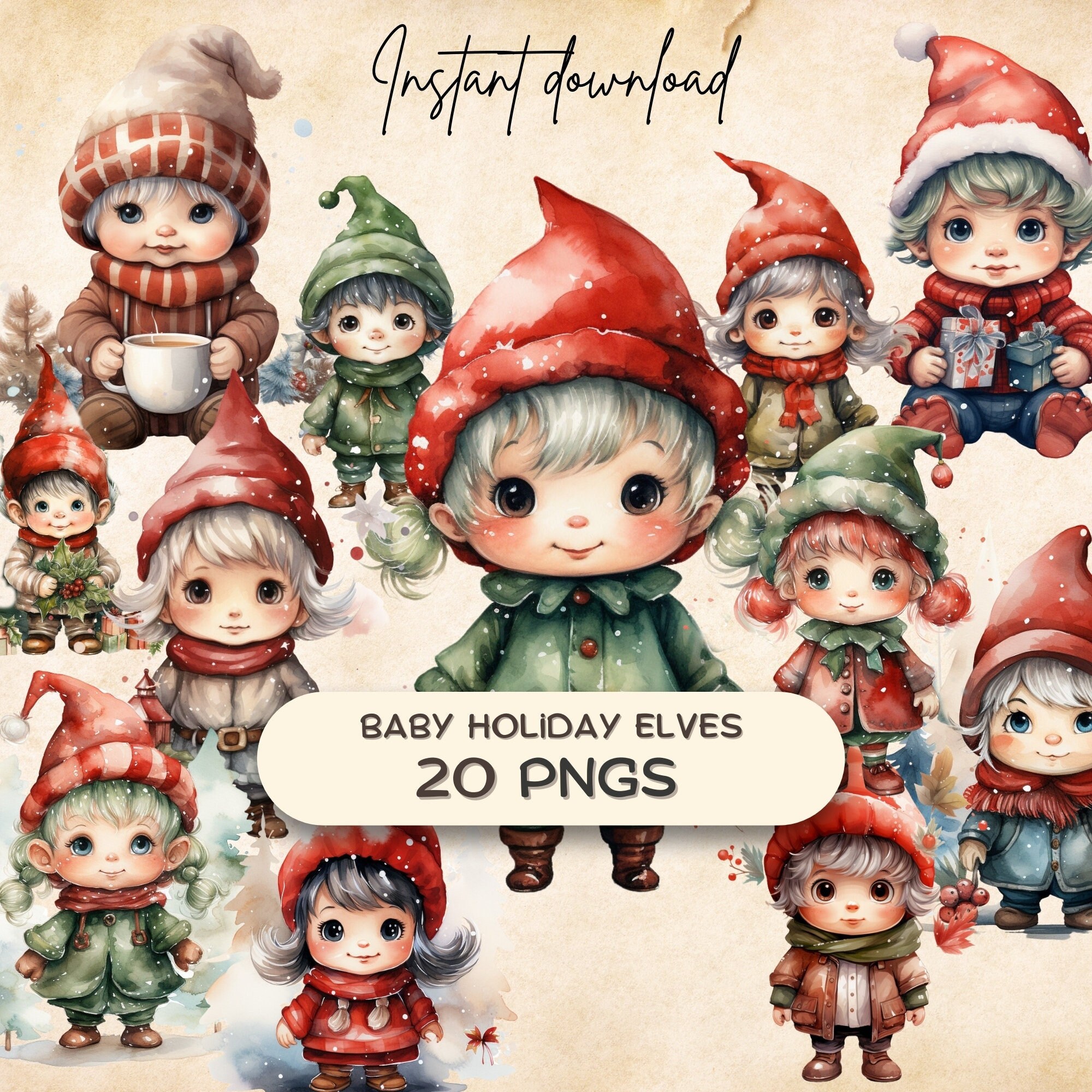 Baby Christmas Elves Clipart Bundle (20 PNG), Watercolor Santa's Helper ...