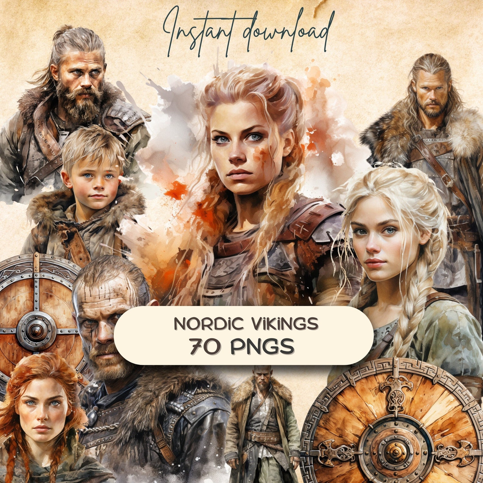 Nordic Vikings Clipart Bundle (70 PNG), Shield Maiden, Norse Mythology ...