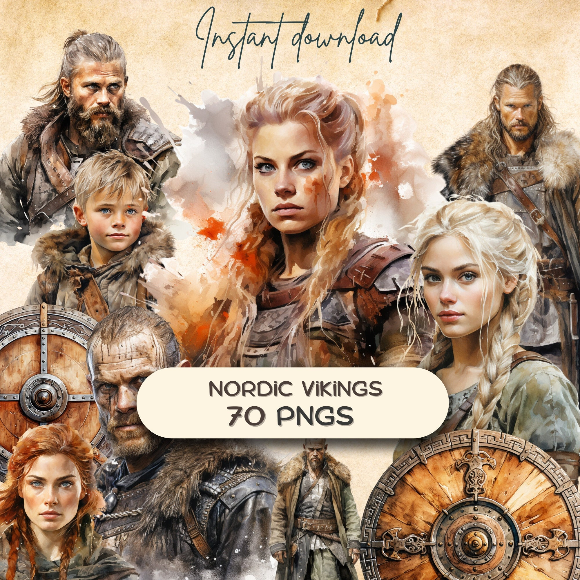 Nordic Vikings Clipart Bundle 70 PNG, Shield Maiden, Norse Mythology ...