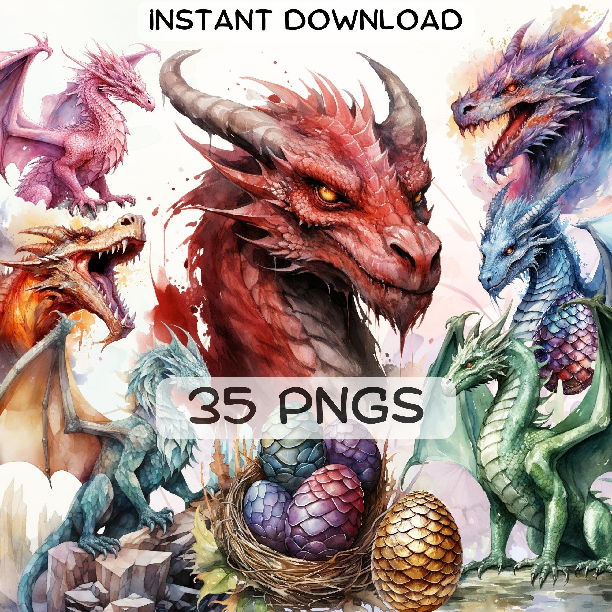 Watercolor Fantasy Dragon Clipart 35 Pngs, Magic Creature Art, Mythical ...