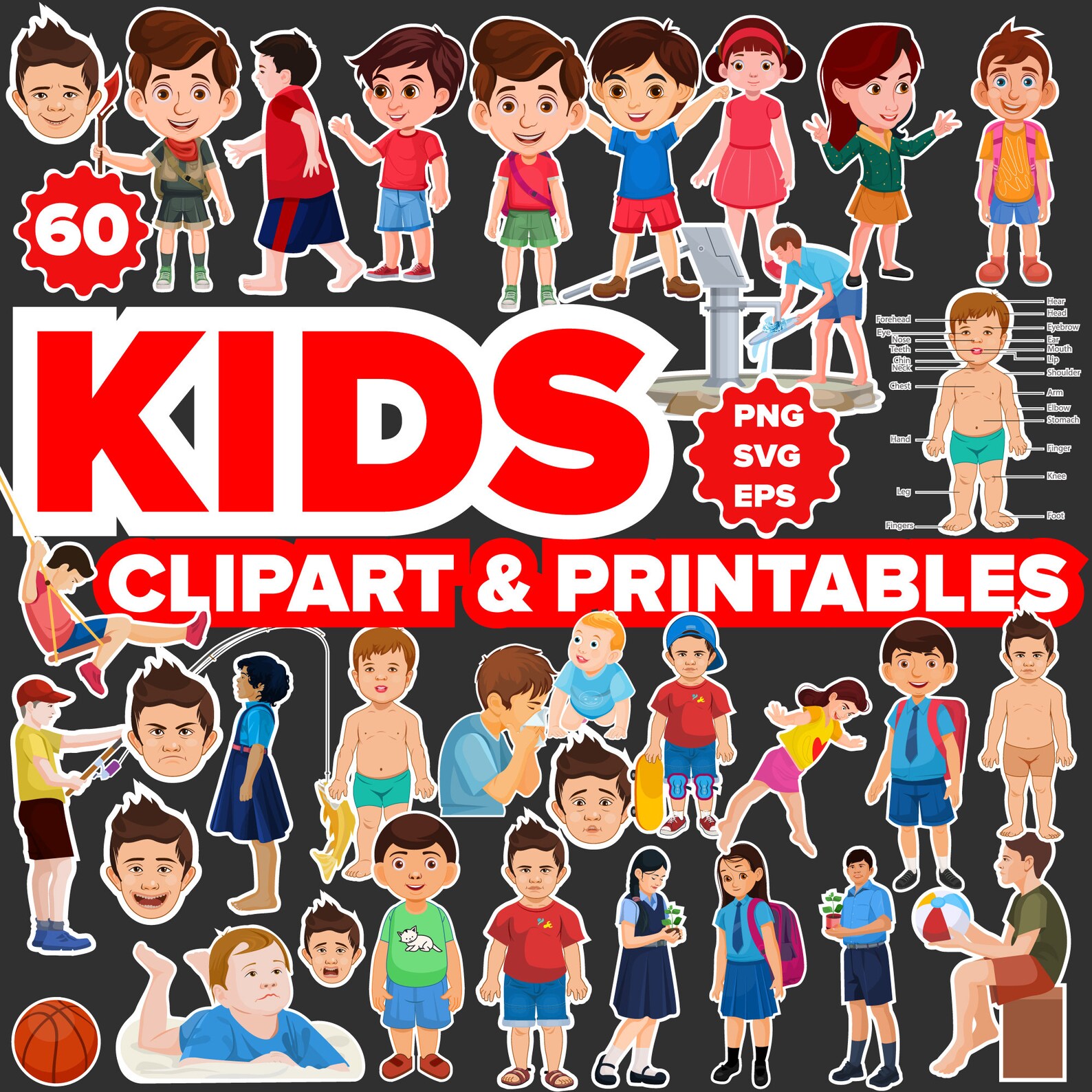 KIDS Clipart and Printables Stickers Png-svg-eps File 60 - Etsy