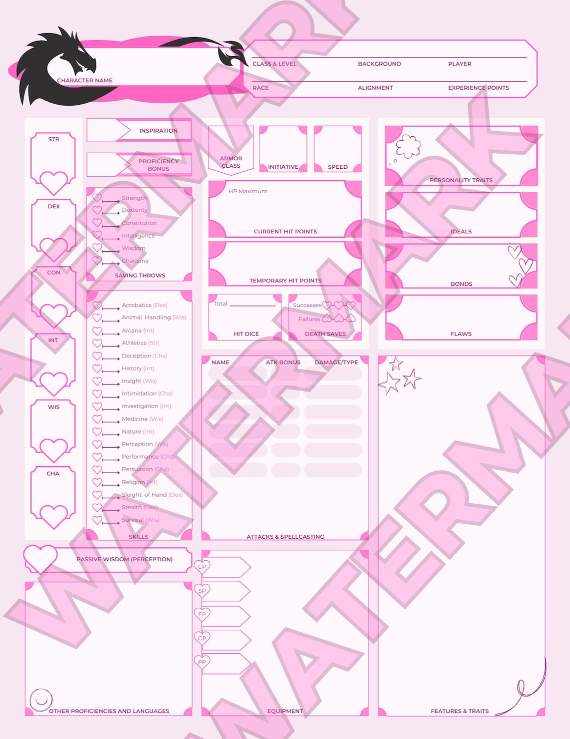D&D 5E Pink Character Sheet PDF - Etsy