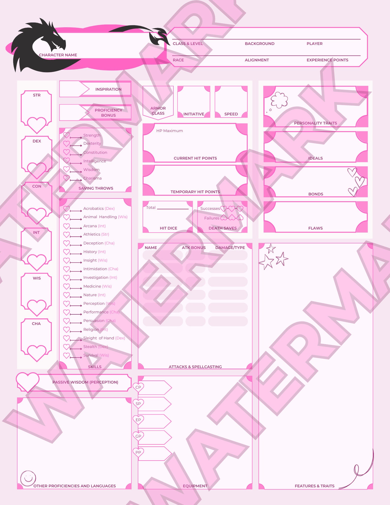 D&D 5E Pink Character Sheet PDF - Etsy