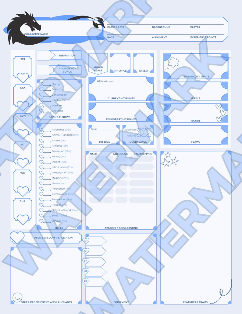 D&D 5E Blue Character Sheet PDF - Etsy