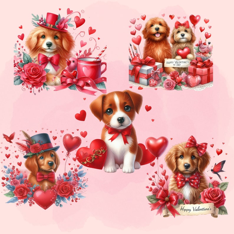 Valentine's Day Dog Illustration Set, Pack of 10 Valentine's Day Dog ...