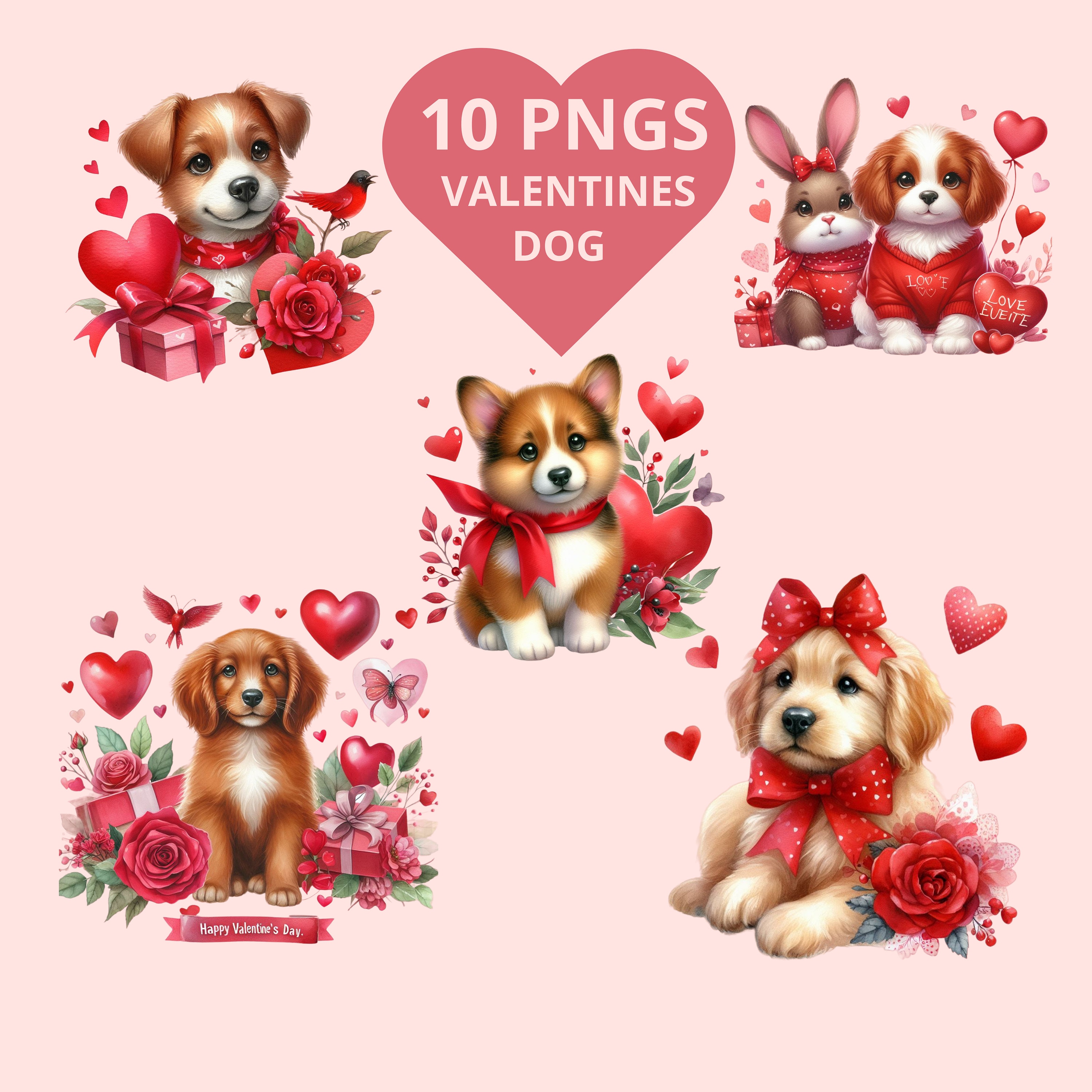 Valentine's Day Dog Illustration Set, Pack of 10 Valentine's Day Dog ...