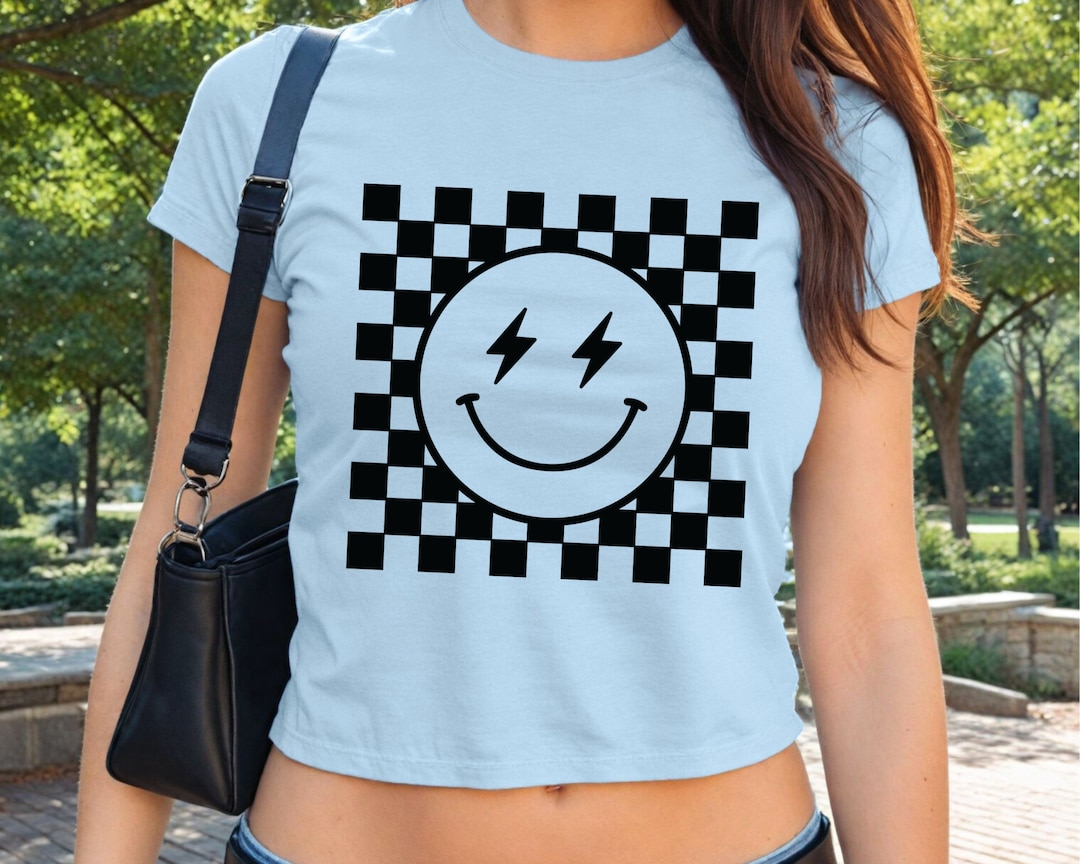 Smiley Face Shirt With Plaid Pattern, Retro Smiley Face T-shirt, Happy ...