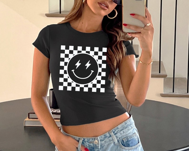 Smiley Face Shirt With Plaid Pattern, Retro Smiley Face T-shirt, Happy ...