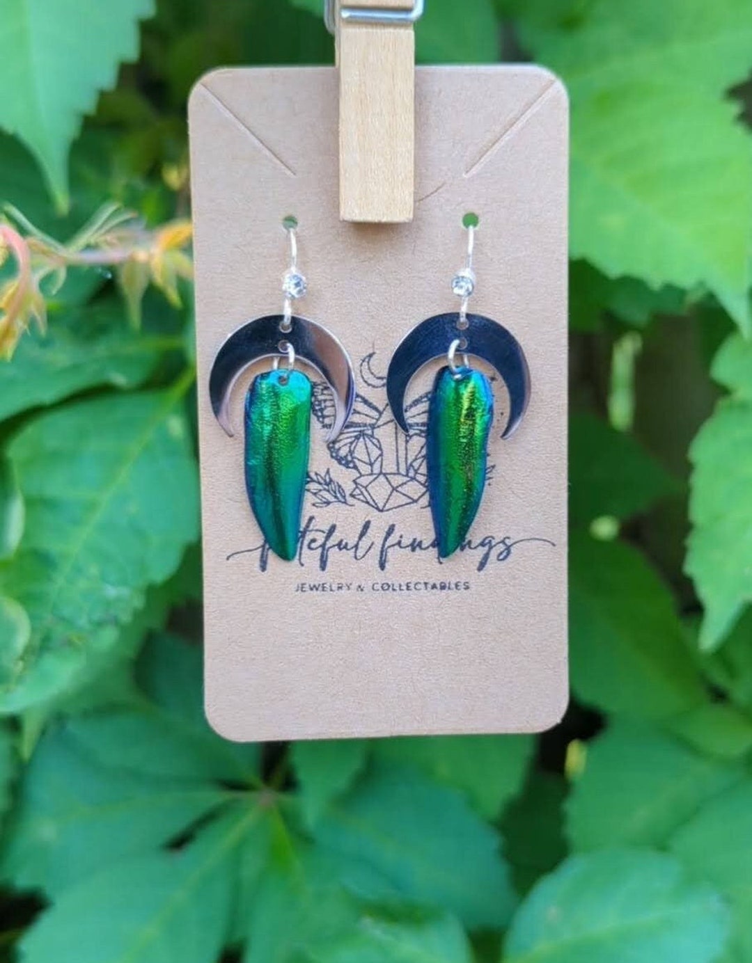 Real Jewel Beetle Wing Earrings With Silver Moon Accents - Etsy