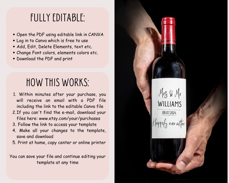 Custom WEDDING WINE LABELS Canva Template Printable Couple Name Digital ...
