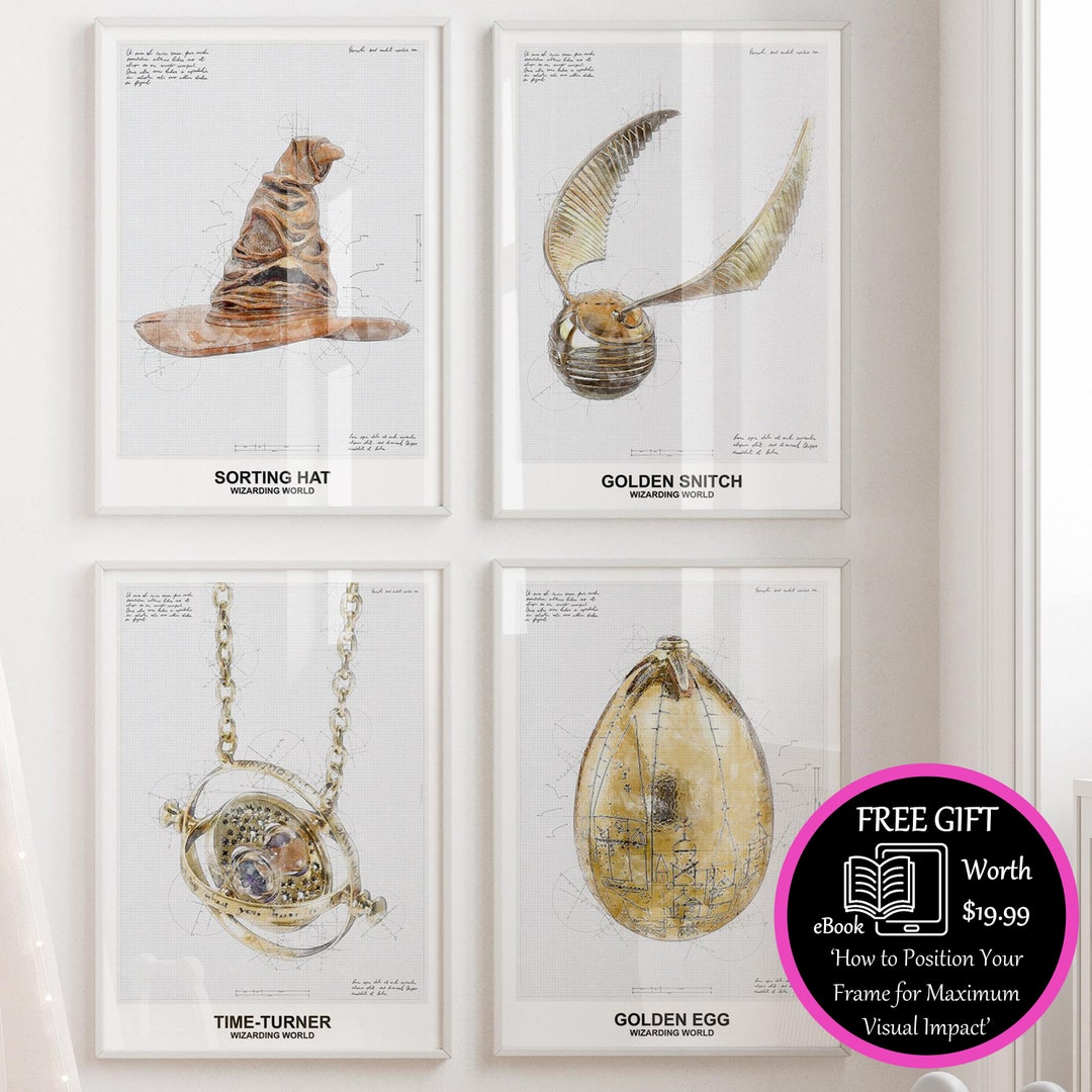 Wizard Poster Set: Gold Snitch, Sorting Hat, Time Turner (digital ...