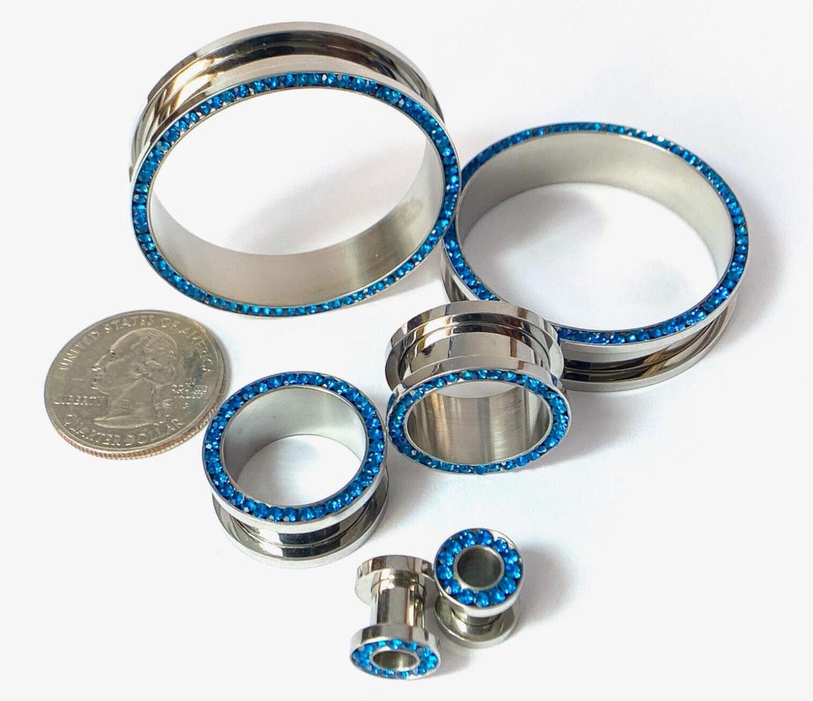 PAIR Sapphire Blue Gem Rimmed 316L Surgical Steel Screw Fit Tunnels ...