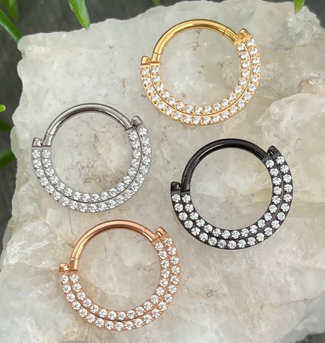 1 Piece Implant Grade Titanium Double Lined CNC Set CZ Gems Septum Ring ...