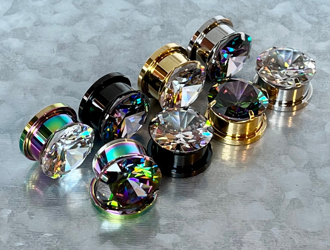 PAIR of Stunning Large CZ Gem Screw Fit Steel Tunnels / Plugs - Gauges ...