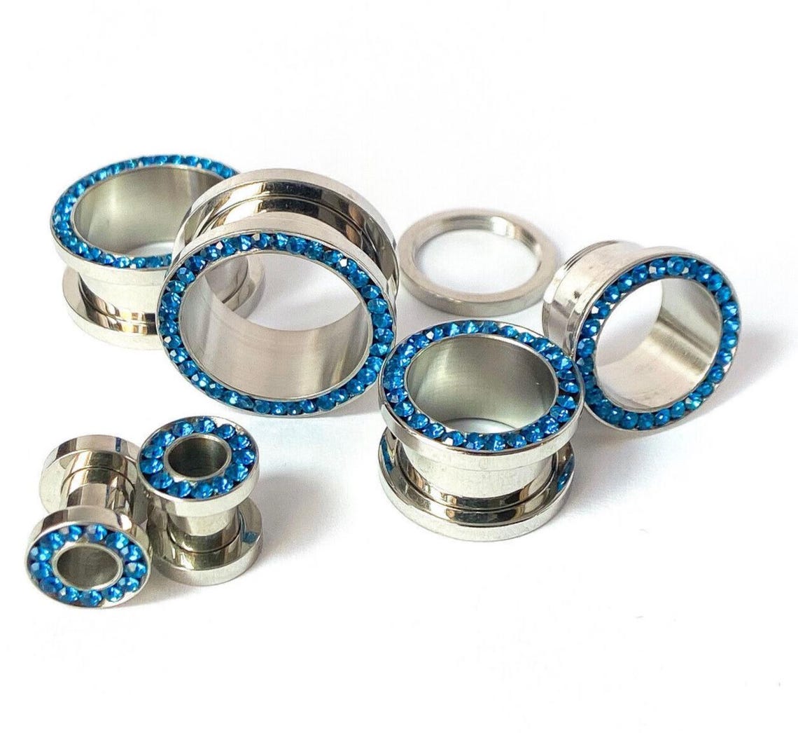 PAIR Sapphire Blue Gem Rimmed 316L Surgical Steel Screw Fit Tunnels ...