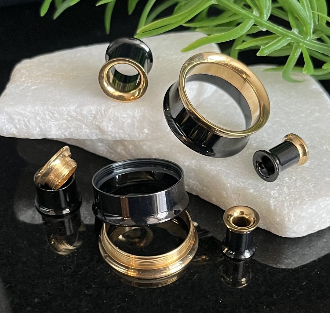 PAIR of Striking Black and Gold Internally Threaded Tunnels/plugs ...