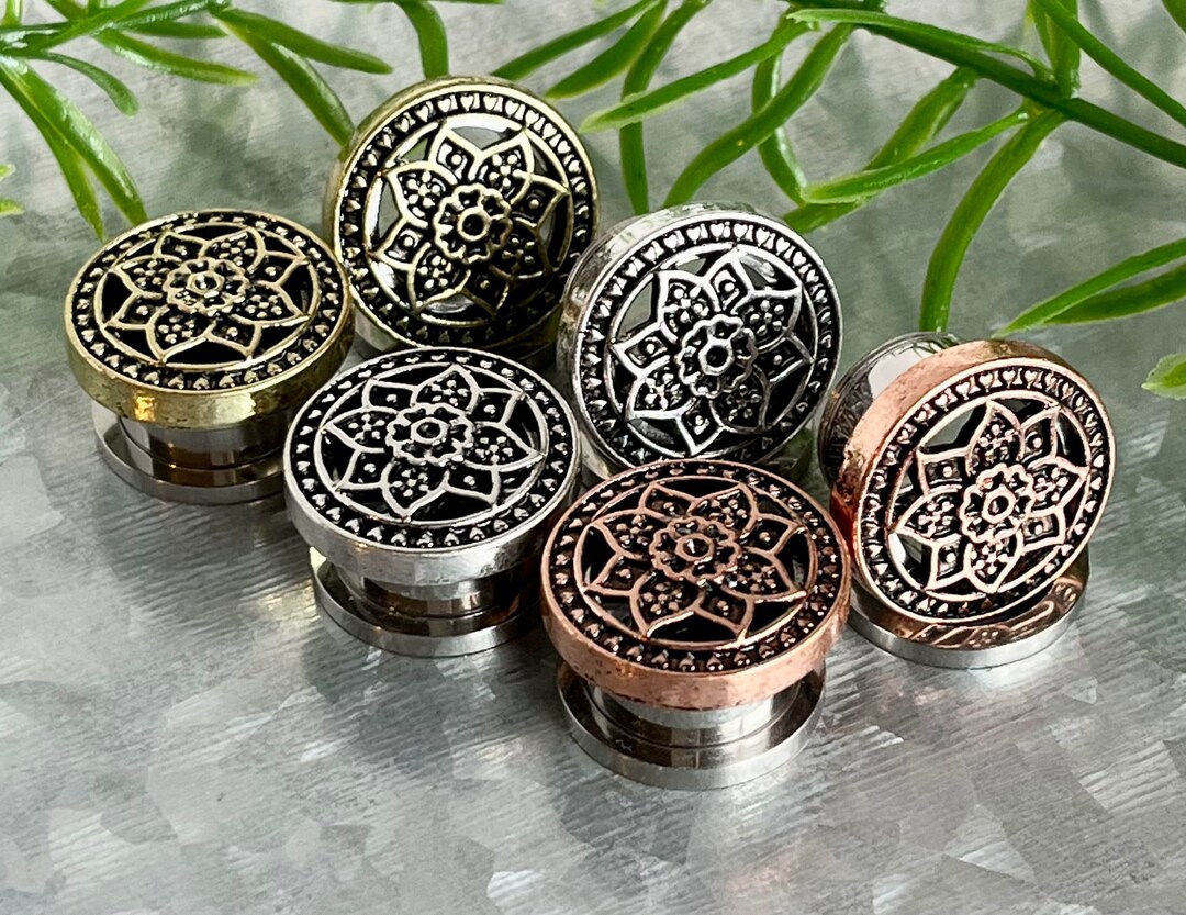 PAIR of Stunning Gold, Silver or Bronze Tribal Lotus Flower Steel Screw ...