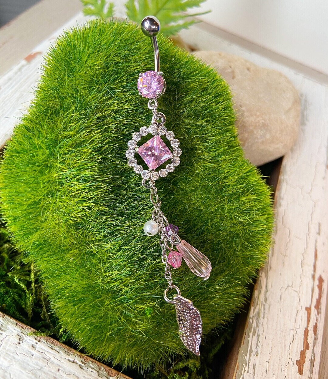 Circle Dangle Pink & Clear Gem Belly Ring Navel Piercing Pierced Naval ...