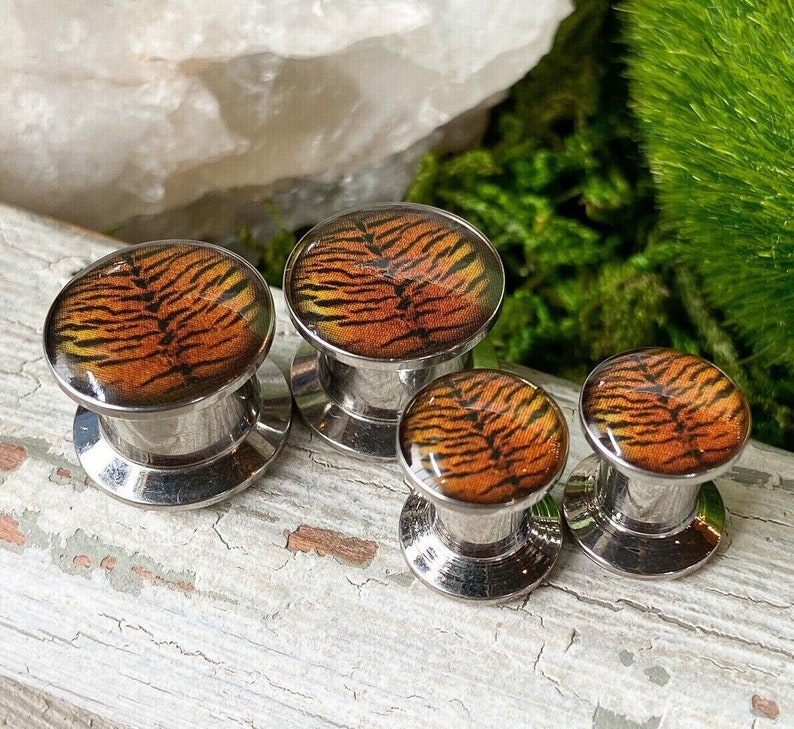 PAIR Steel Tiger Print Logo Stash Plugs Gauges Earlets Body Piercing ...
