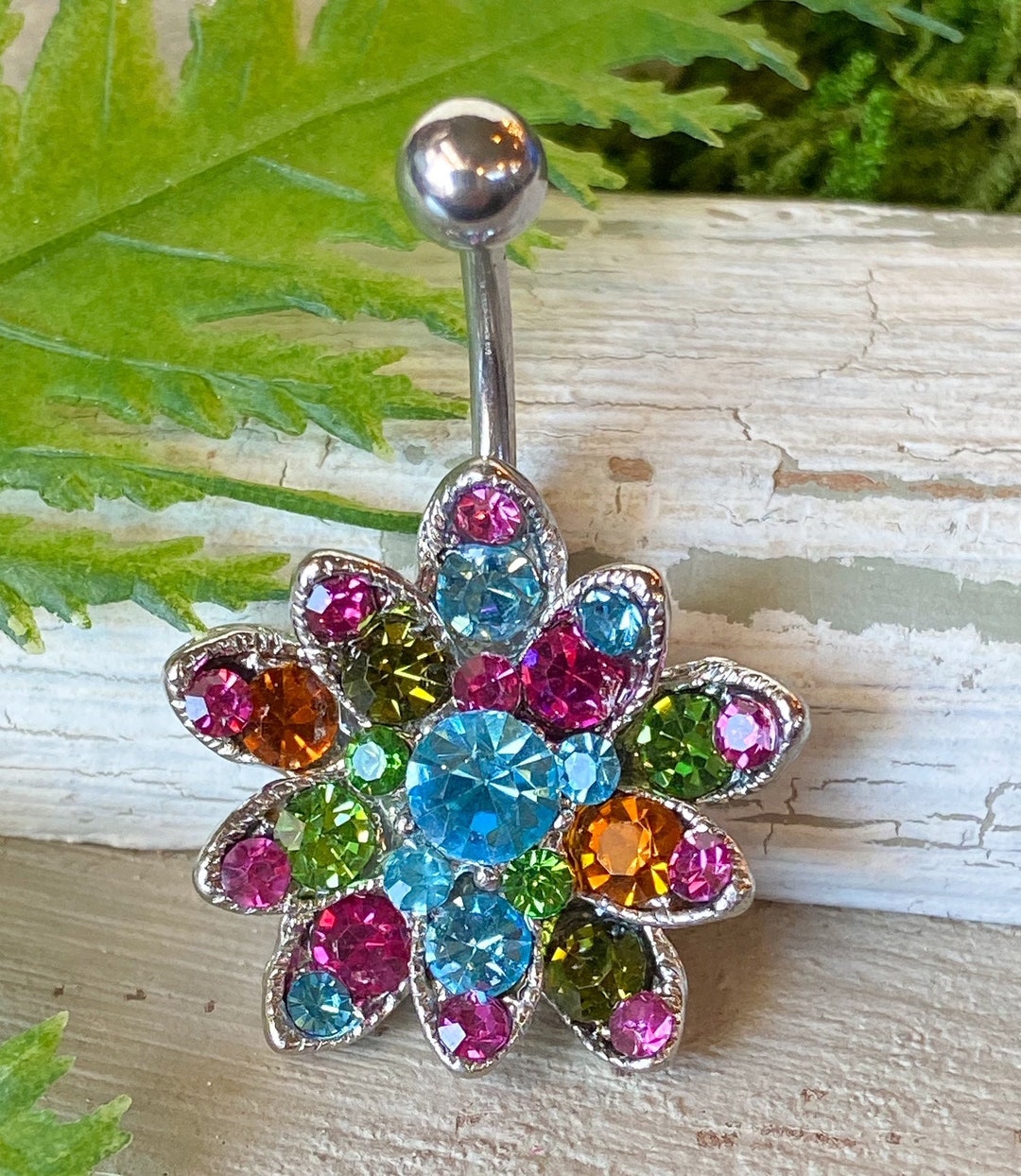 Beautiful Multi-color Gem Flower Belly Ring Navel Naval Piercing Body ...