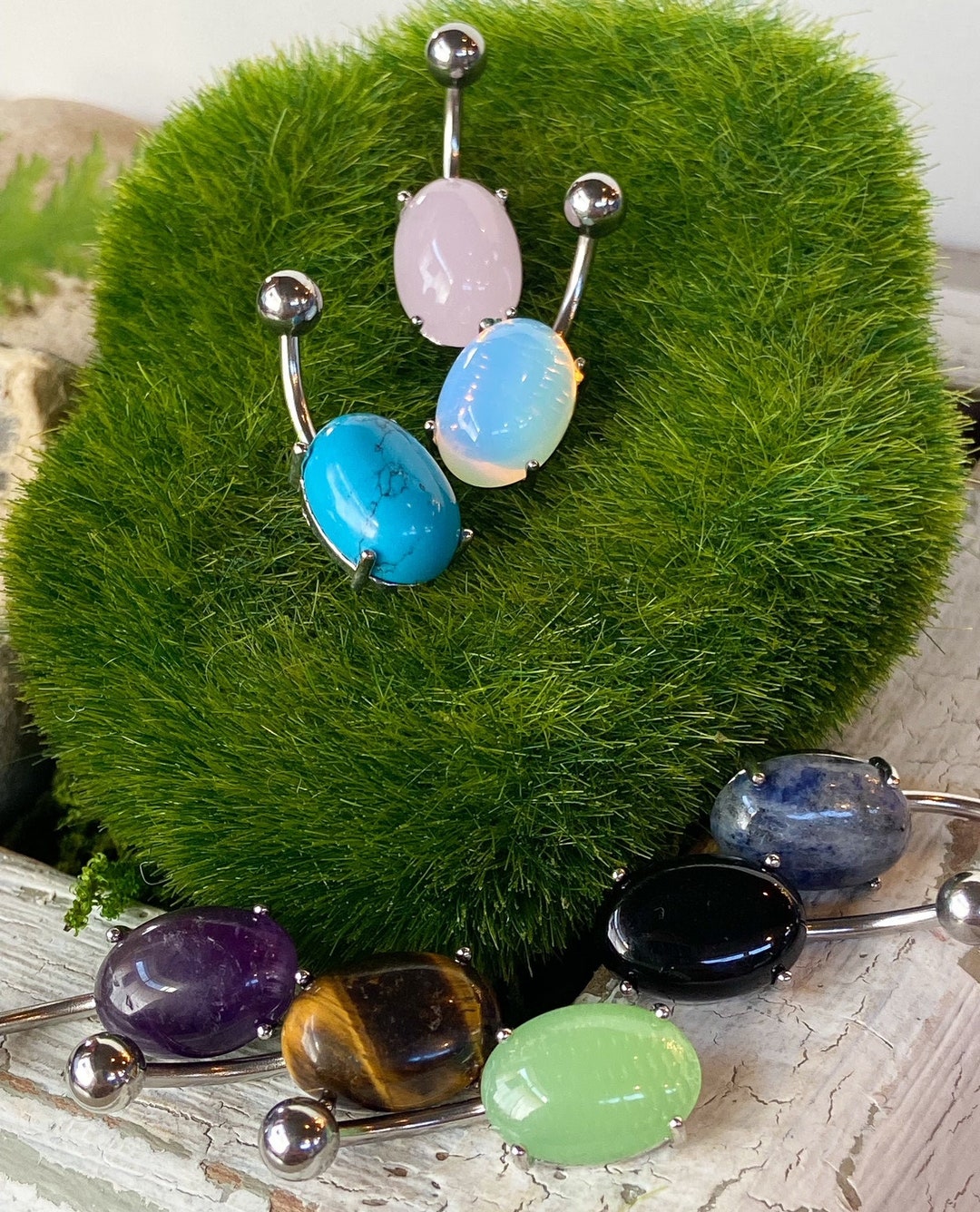 Oval Semi Precious Stone Belly Ring Pierced Navel Naval Jewelry Prong ...