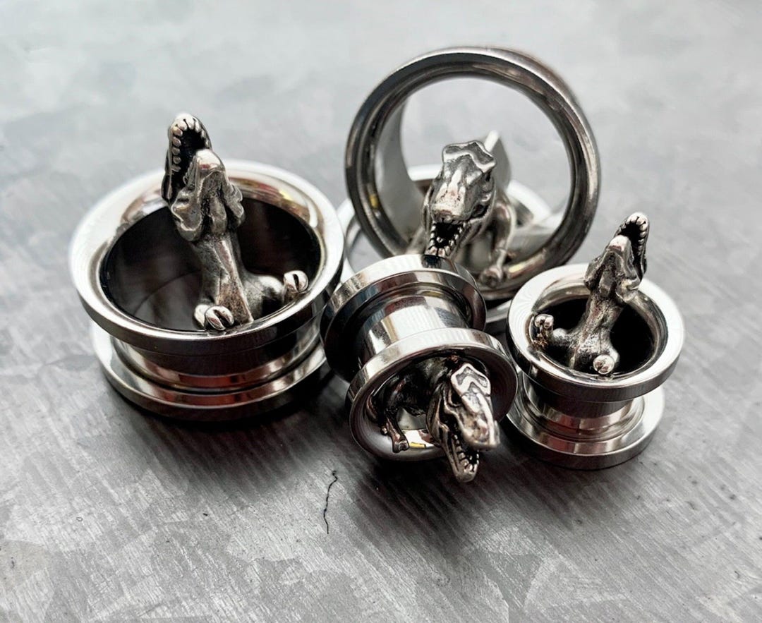 PAIR of Unique T-rex Surgical Steel Screw Fit Tunnels/plugs - Gauges ...