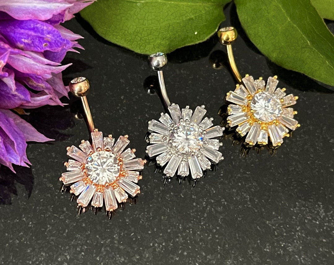 1 Piece Stunning Baguette CZ Gems Sunburst Navel / Naval Belly Button ...