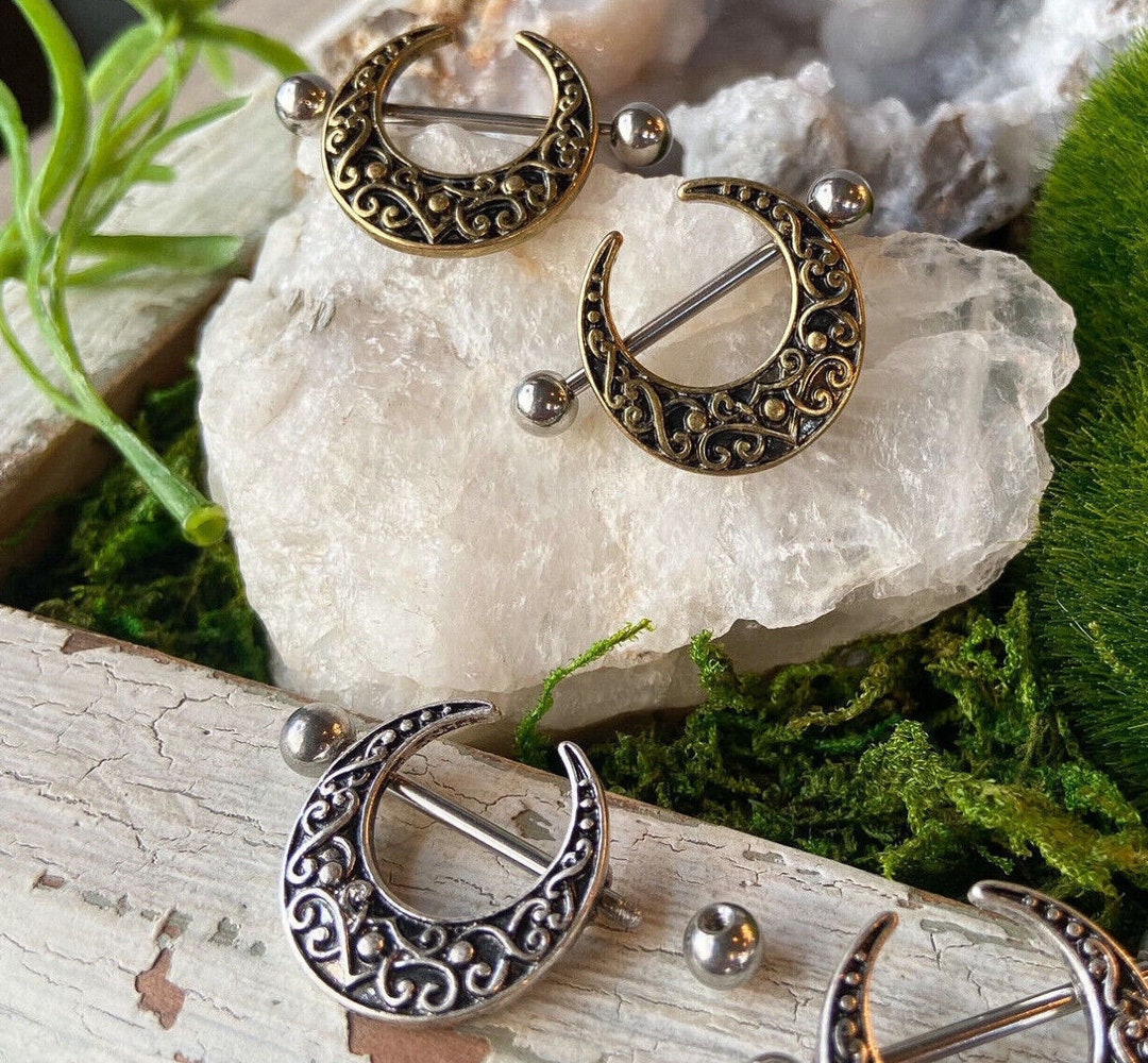 PAIR Crescent Shaped Filigree Nipple Rings Shields Pierced Piercing ...