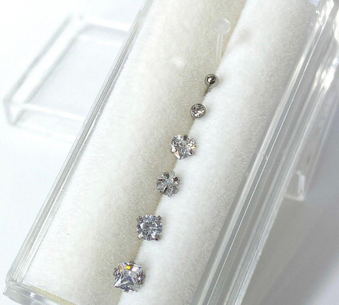 7pc Box Set CZ Gem Shapes 20g Steel Nose Stud Bone Rings, W/ Retainer ...