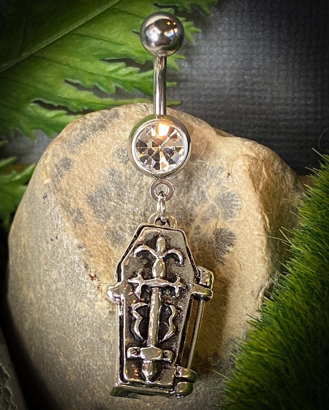 Coffin Dangle Belly Ring Pierced Navel Naval Hinge Skeleton Halloween ...