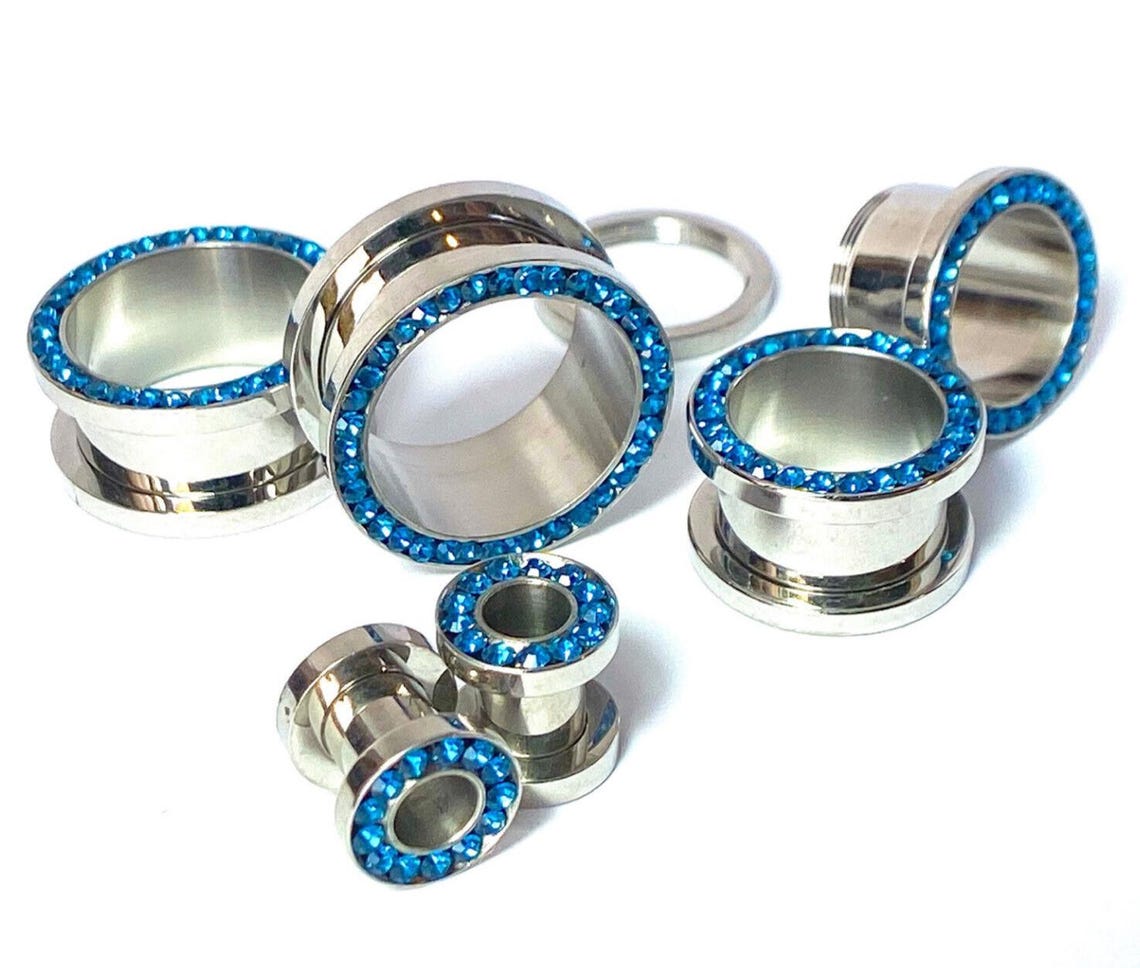 PAIR Sapphire Blue Gem Rimmed 316L Surgical Steel Screw Fit Tunnels ...