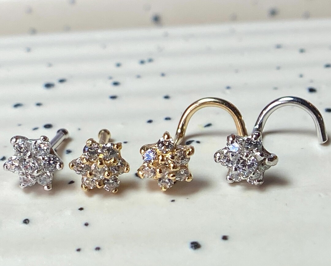 14kt Solid Gold Flower Nose Ring W/cz Gems 20g 20 Gauge Stud Screw Bone ...