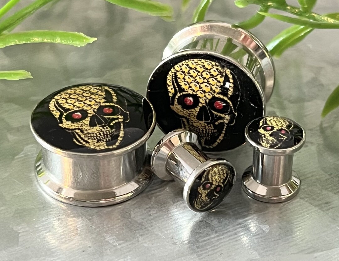 PAIR of Unique Yellow Skull With Red Eyes Steel Screw Fit Stash Plugs ...