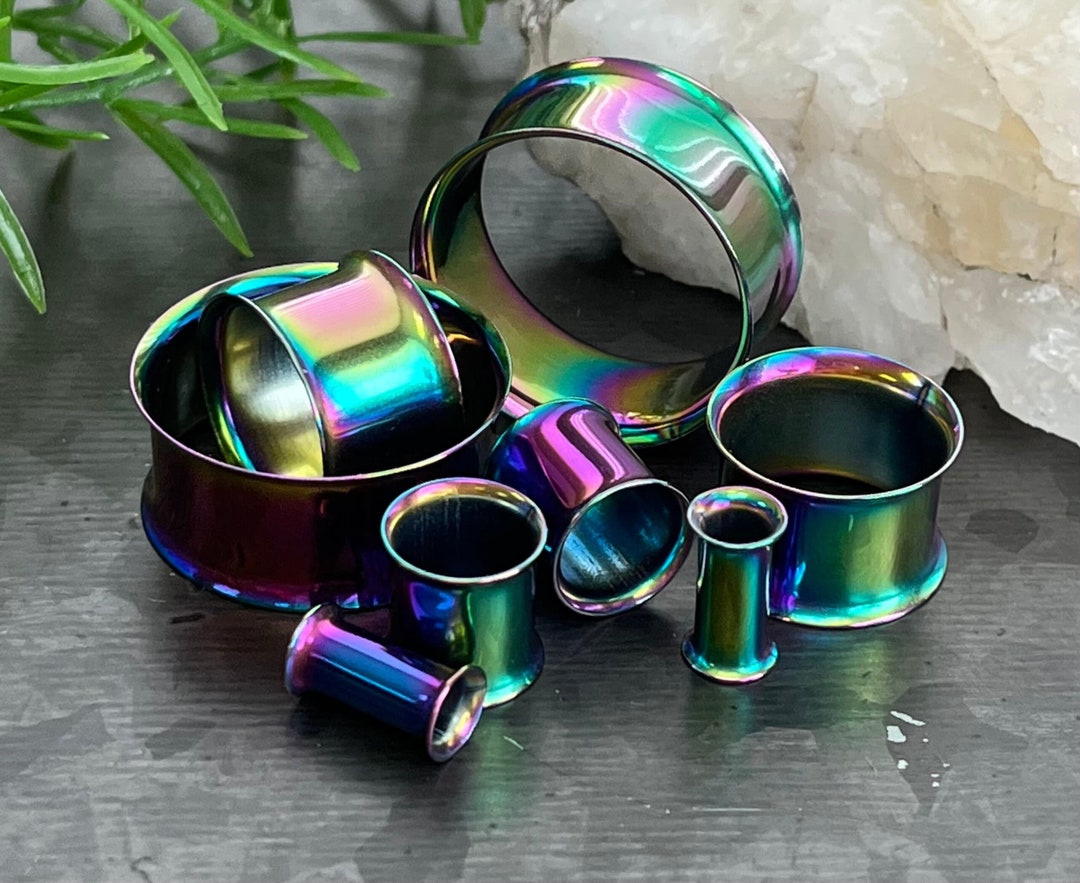 PAIR of Brilliant Rainbow Plated Steel Double Flare Tunnels/plugs ...