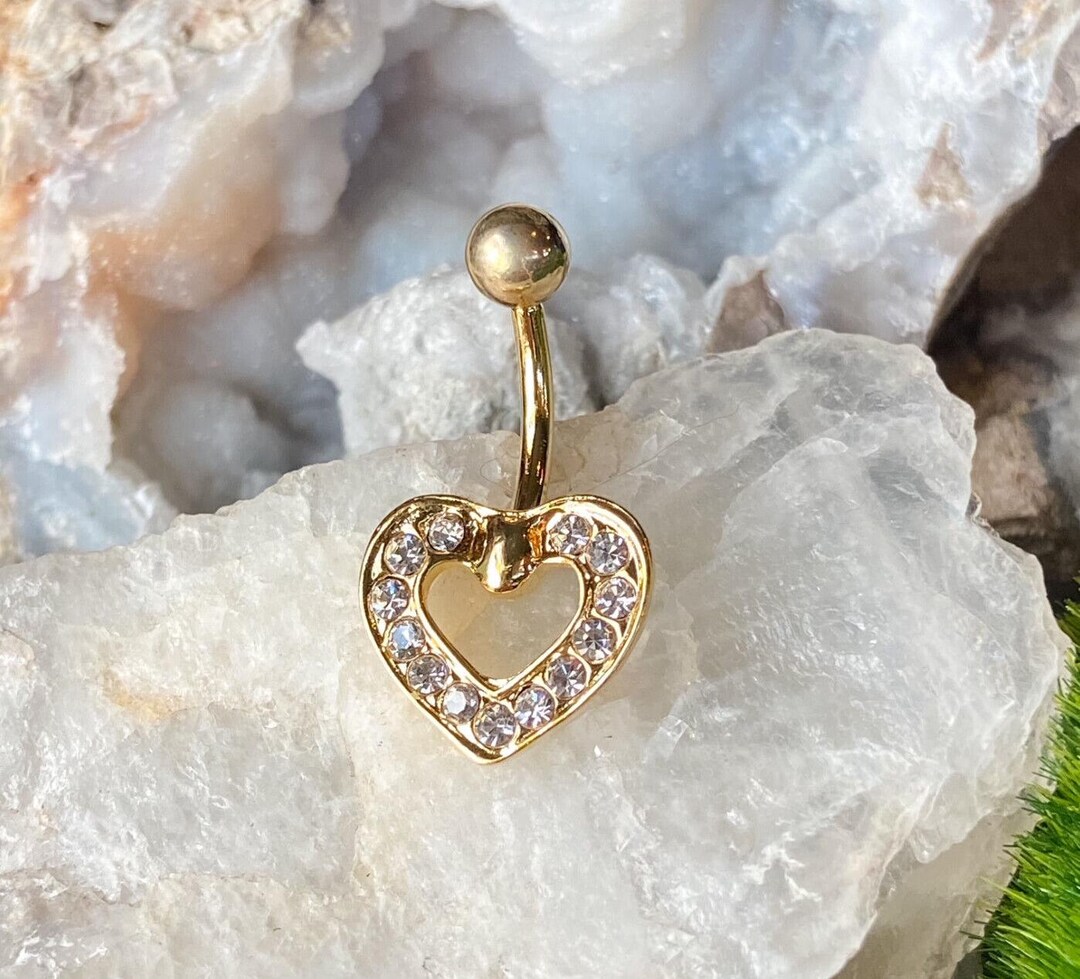 Gold Heart Paved CZ Gem Belly Ring Navel Piercing Pierced Naval Body ...
