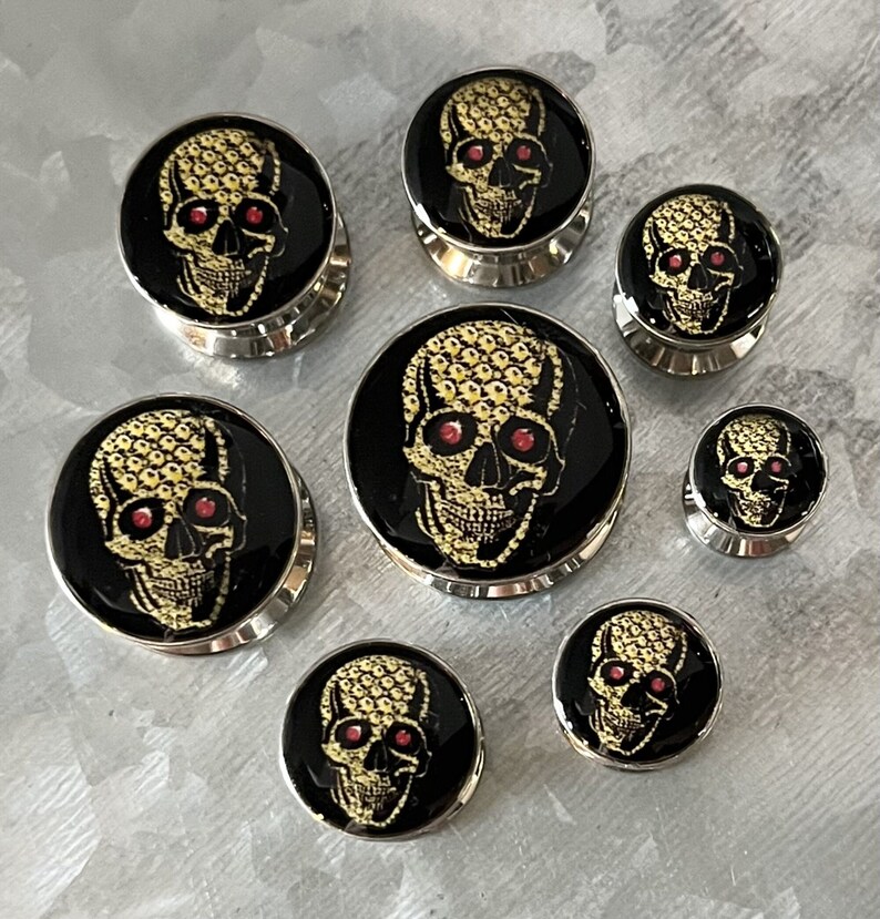 PAIR of Unique Yellow Skull With Red Eyes Steel Screw Fit Stash Plugs ...