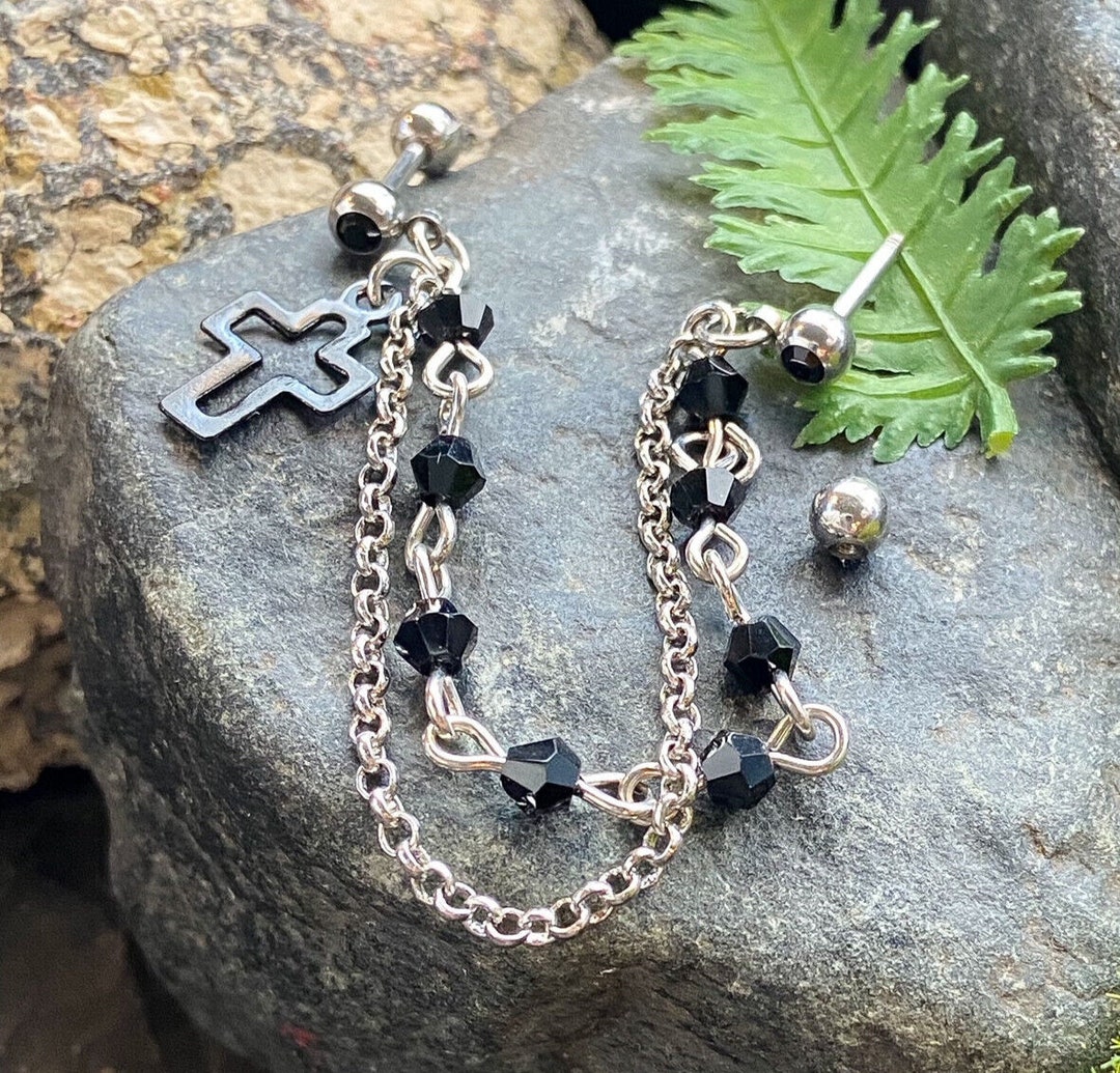 Steel Double Chain Linked Beaded Cross Ring With Cartilage Tragus Helix ...