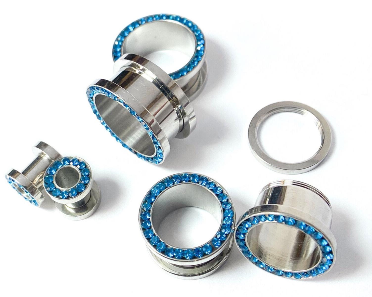 PAIR Sapphire Blue Gem Rimmed 316L Surgical Steel Screw Fit Tunnels ...