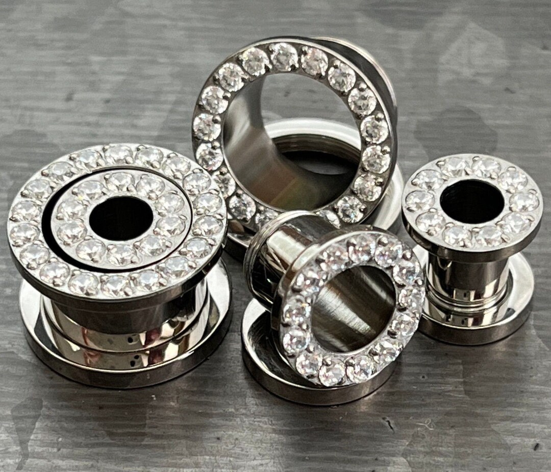 PAIR of Stunning CZ Rimmed Solid Implant Grade Titanium Screw Fit ...