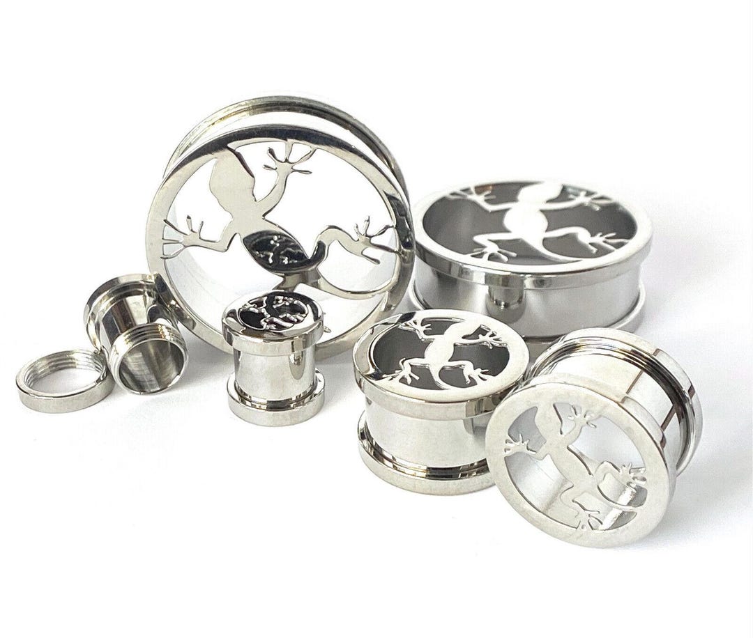 PAIR Lizard Steel Screw Fit Tunnels Plugs Earlets Gauges Gecko Body ...
