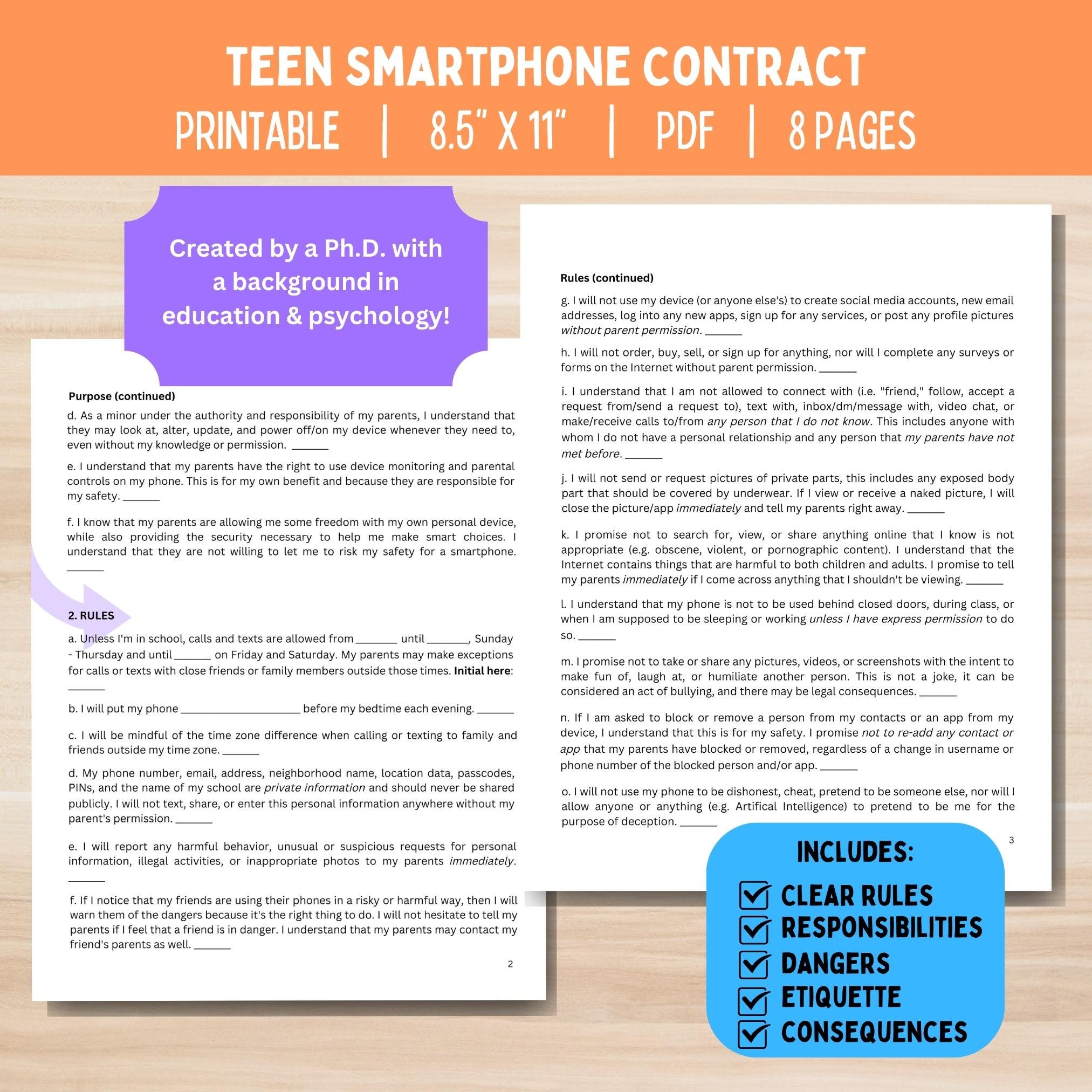 Teen Smartphone Contract, Cell Phone Contract, Phone Rules Printable ...