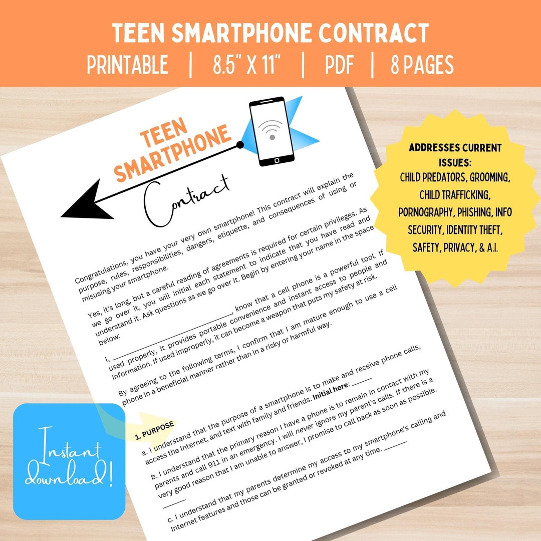 Teen Smartphone Contract, Cell Phone Contract, Phone Rules Printable ...