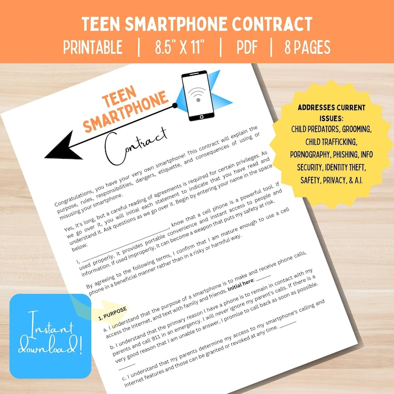 Teen Smartphone Contract, Cell Phone Contract, Phone Rules Printable ...