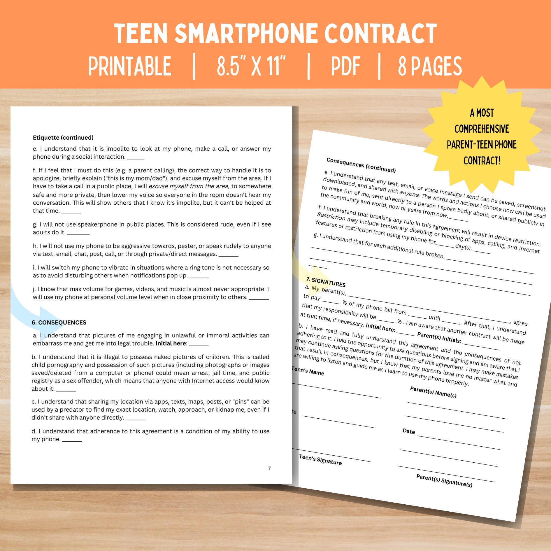 Teen Smartphone Contract, Cell Phone Contract, Phone Rules Printable ...