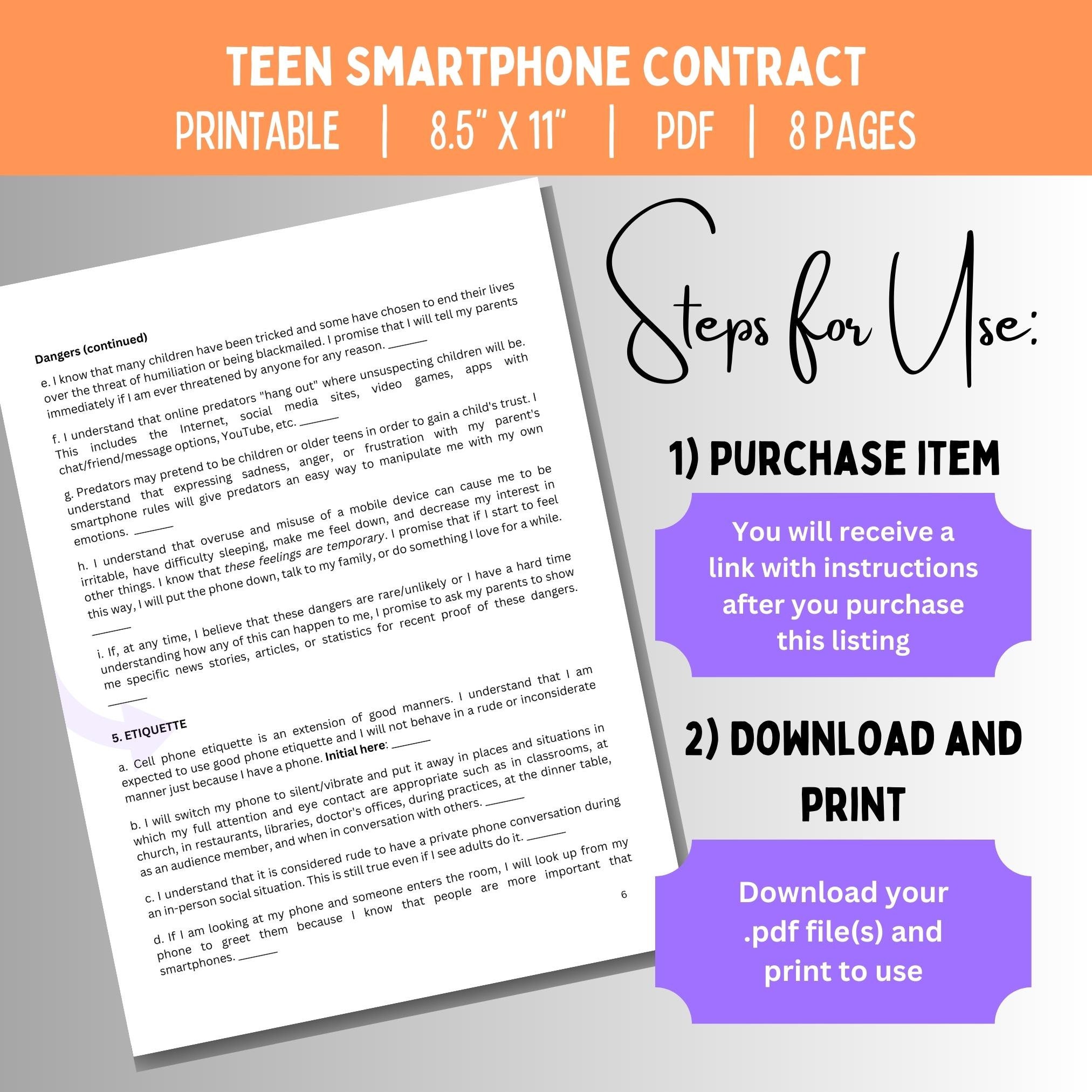 Teen Smartphone Contract, Cell Phone Contract, Phone Rules Printable ...