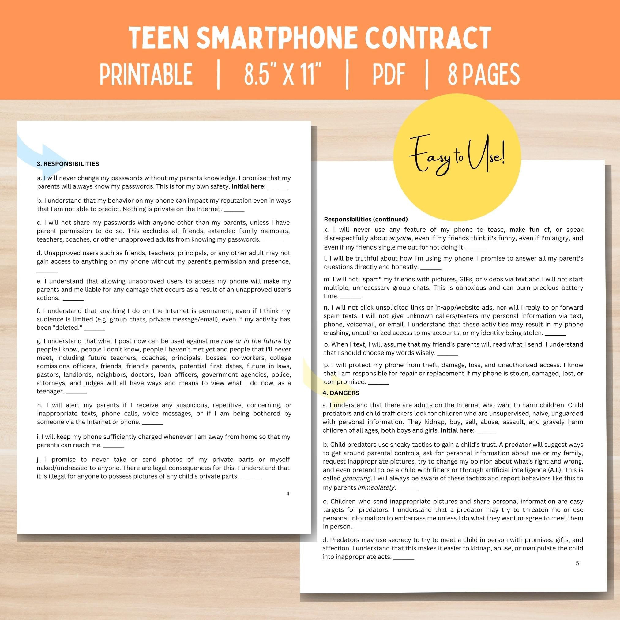 Teen Smartphone Contract, Cell Phone Contract, Phone Rules Printable ...