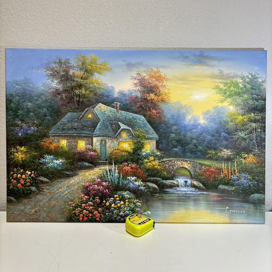C. Jaffey Oil Painting on Canvas Cottage Garden Bridge Signed 36”x 24 ...