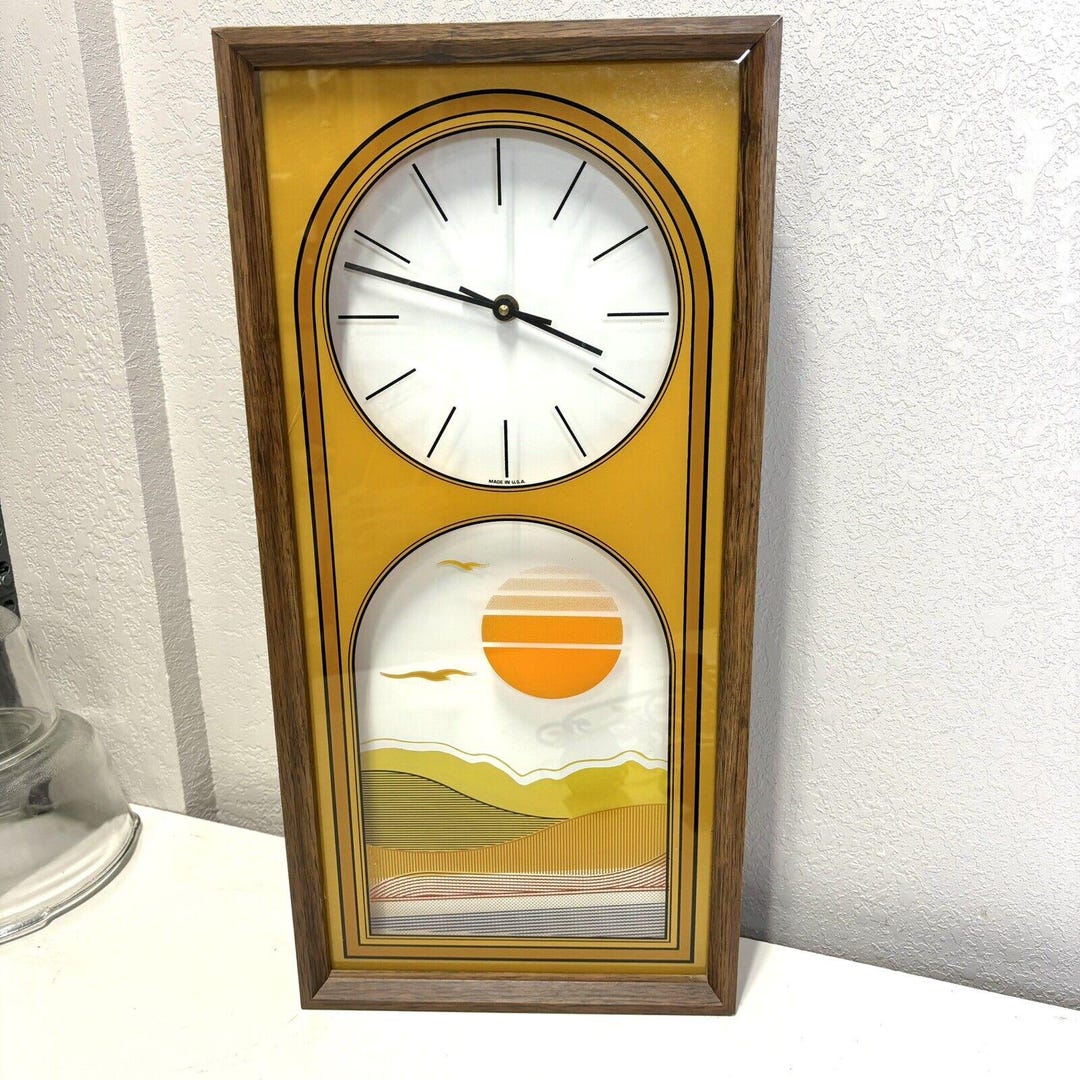 Vintage 1970's Shadow Box Wall Clock Sunrise Sunset Mountains Rare ...